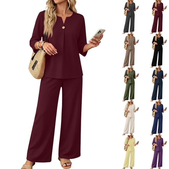 3/4 Sleeve Henley Lounge Set for Women, Button Down Wide Leg Pants 2 ...