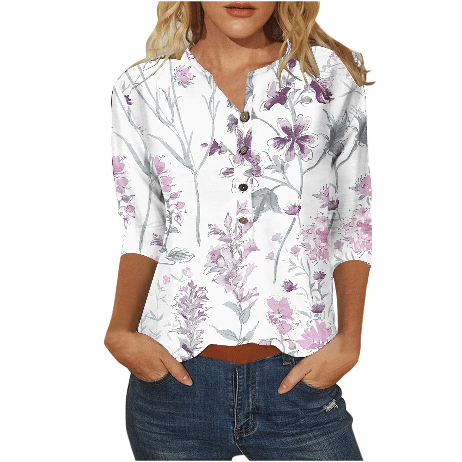 3/4 Sleeve Henley Shirts for Women Floral Graphic Printed Quarter ...