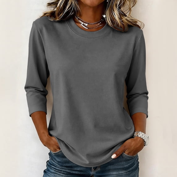 3/4 Sleeve Length Tops Womens Shirts Round Neck Loose Casual Blouses ...