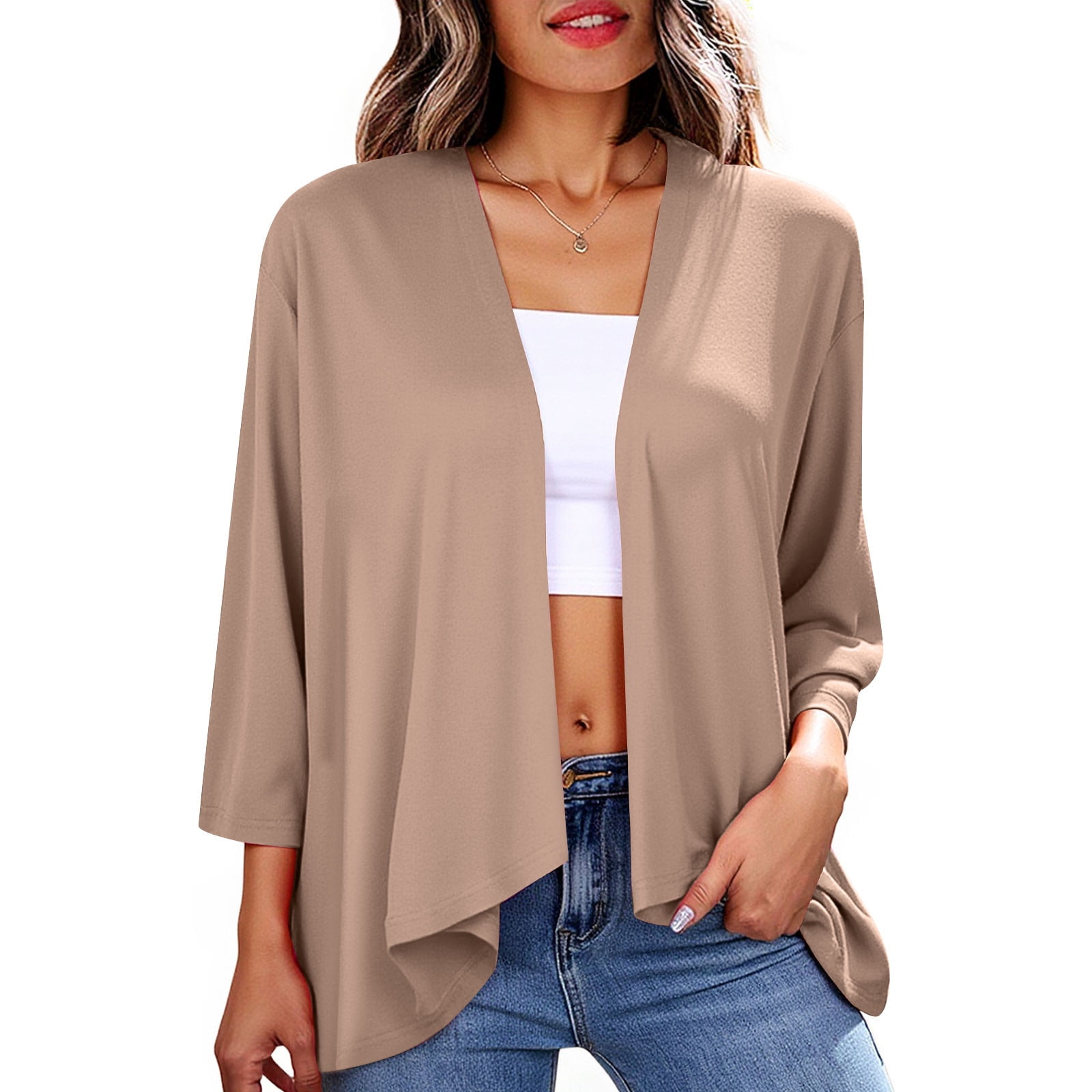 3/4 Sleeve Lightweight Cardigan for Women Open Front Loose Fit Ruffle ...