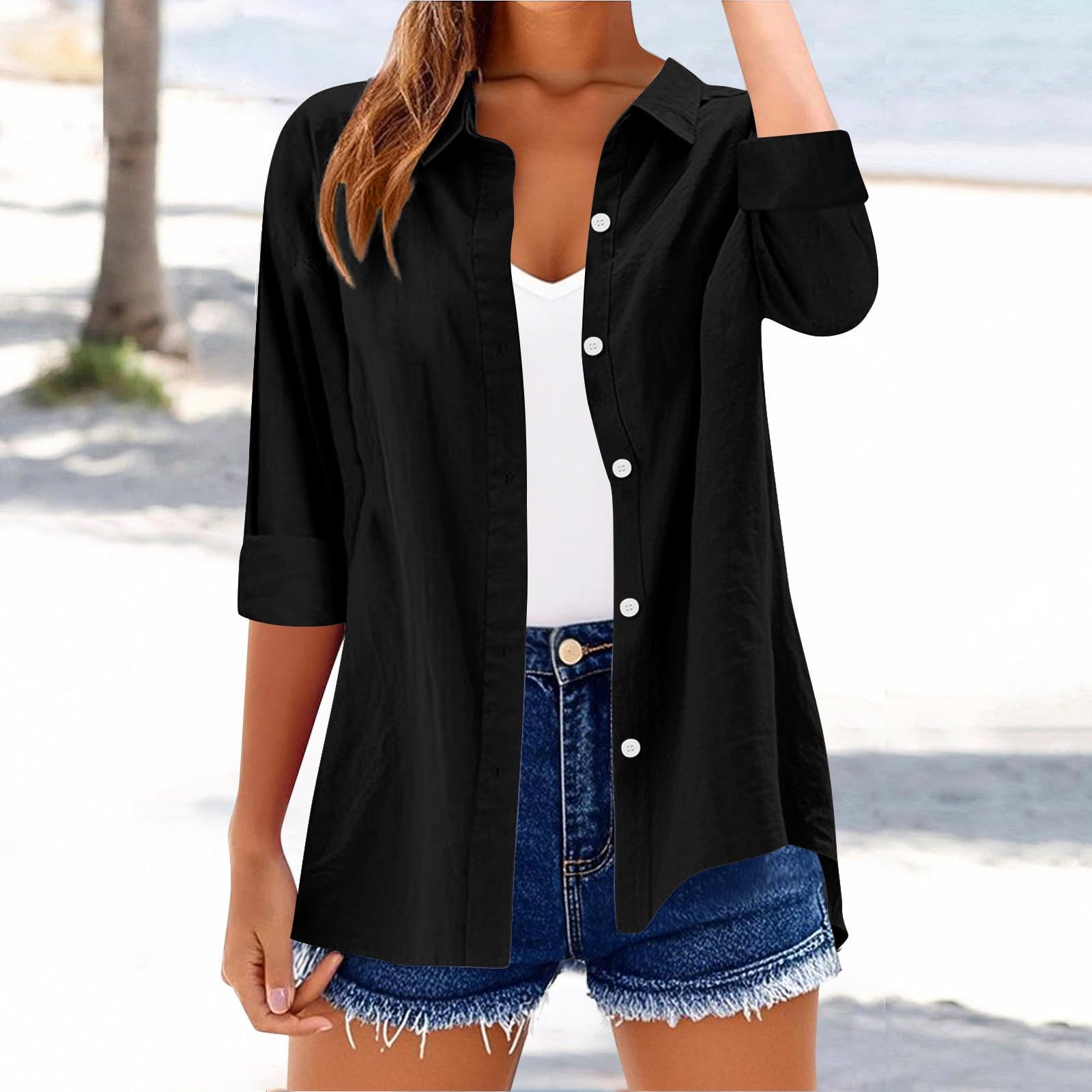 3/4 Sleeve Lightweight Cardigans for Women,Open Front Button Down ...