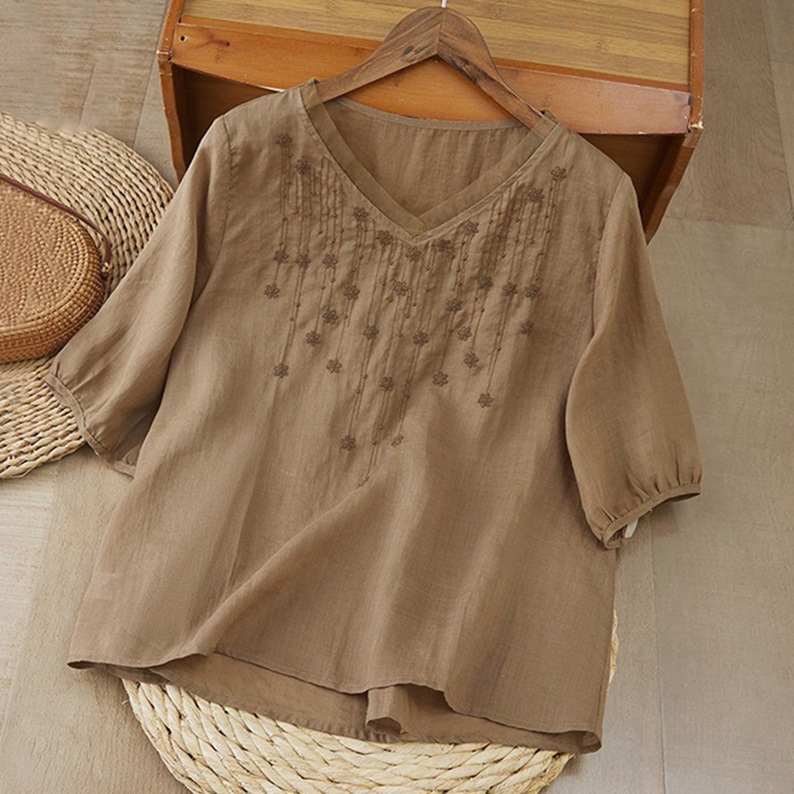 3/4 Sleeve Linen Shirts for Women Boho Embroidery Peasant Blouses ...
