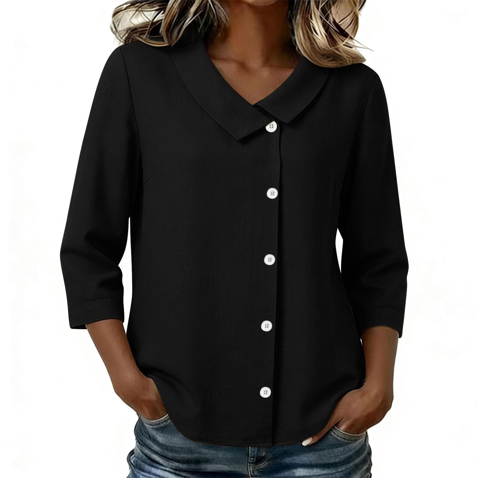 3/4 Sleeve Linen Shirts for Women Cute Collared Summer Tops Lightweight ...