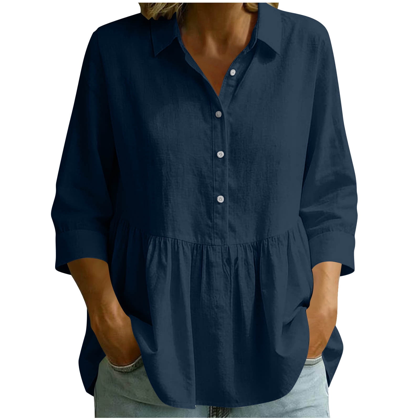3/4 Sleeve Linen Shirts for Women Loose Collared Summer Going Out Tunic ...