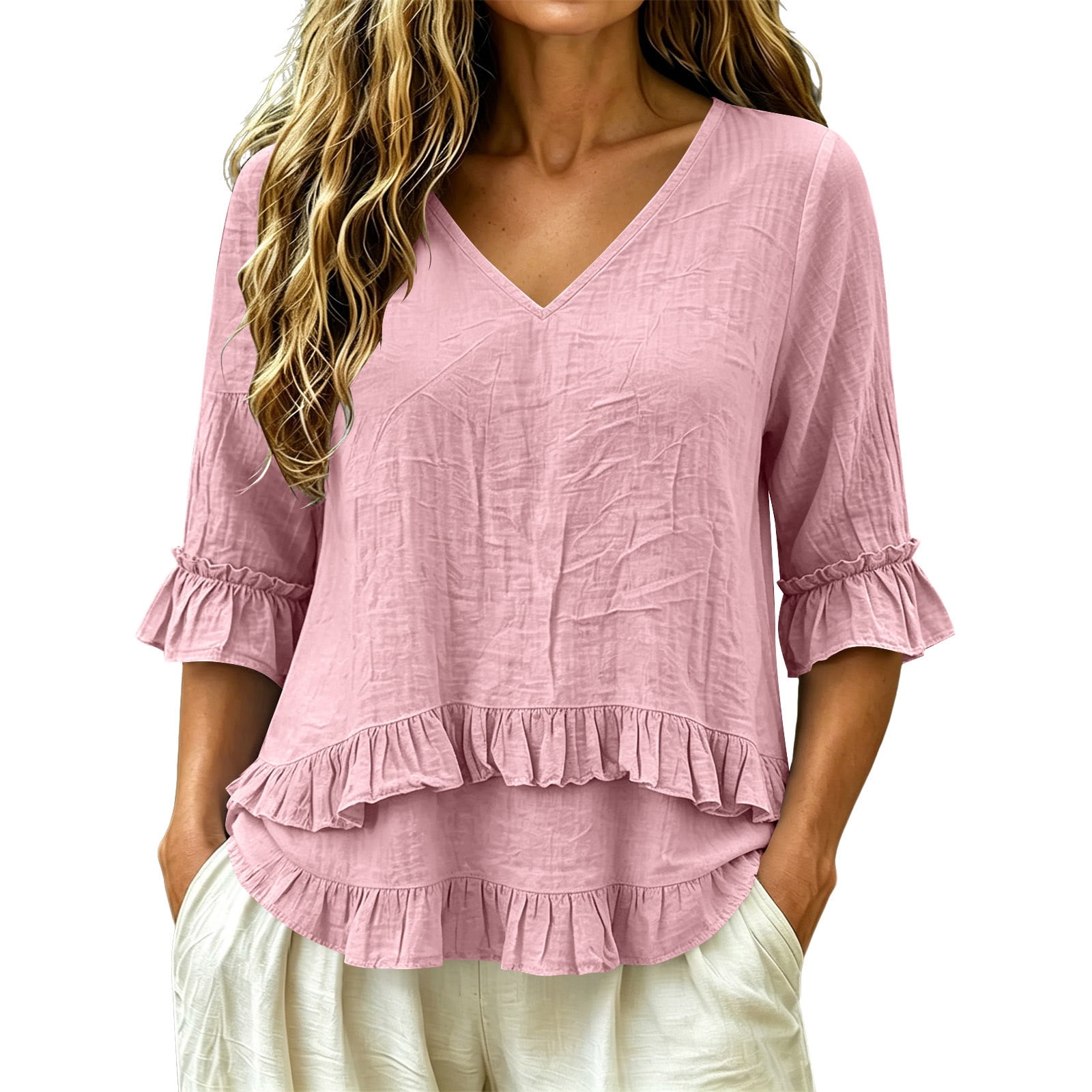 3/4 Sleeve Linen Shirts for Women Ruffle Loose V Neck Dressy Summer ...