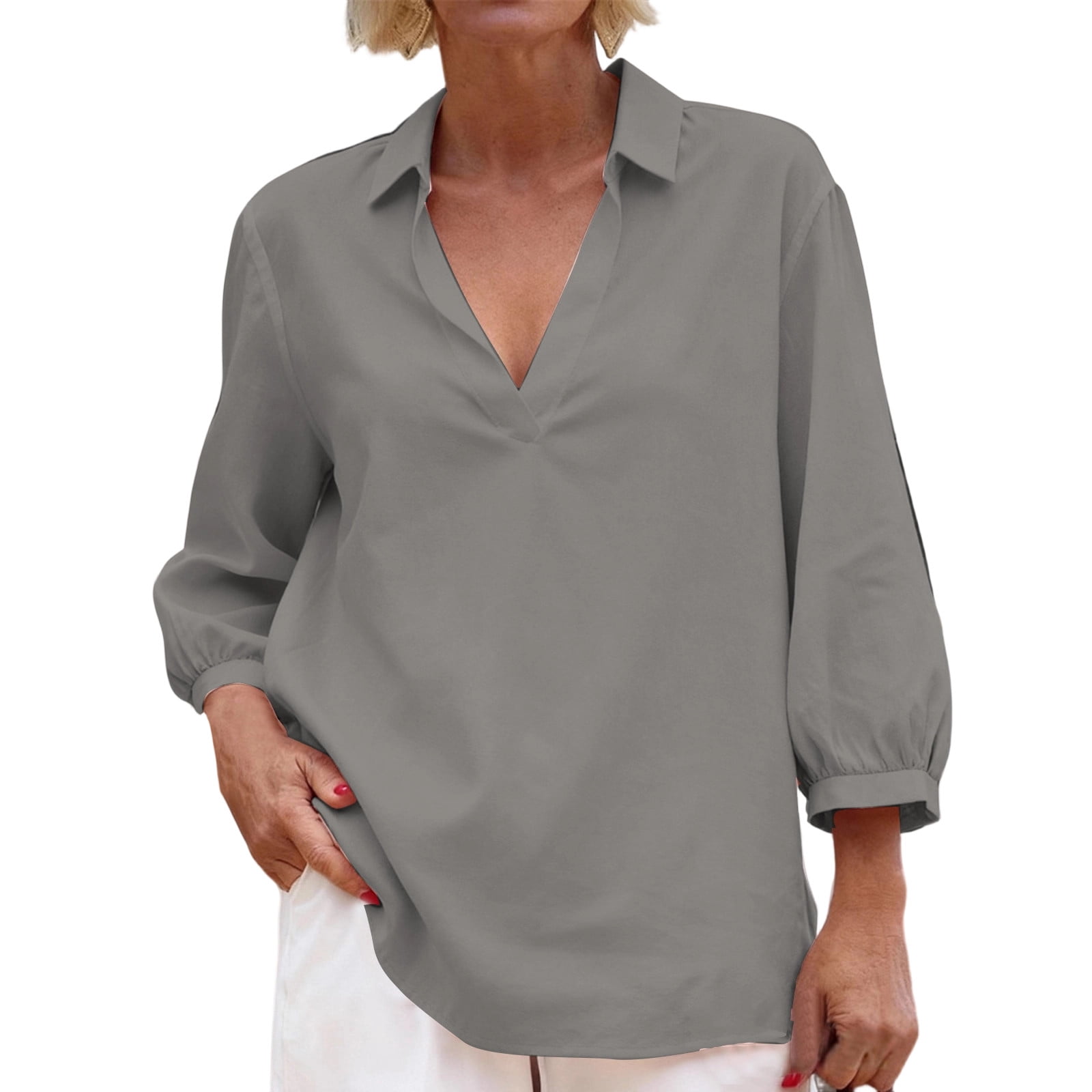 3/4 Sleeve Linen Tops for Women Lapel V Neck Shirts Loose Fit Casual ...