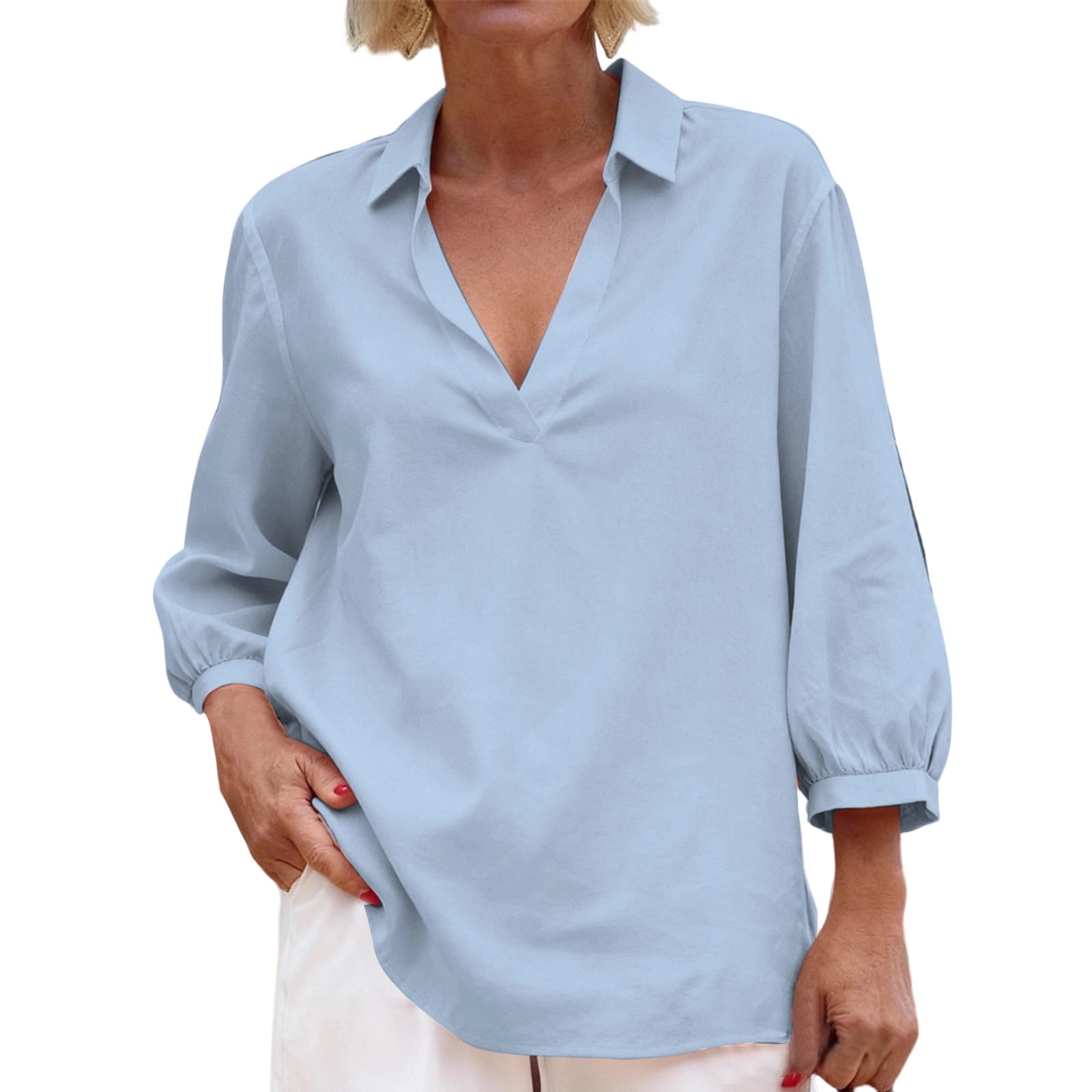 3/4 Sleeve Linen Tops for Women Lapel V Neck Shirts Loose Fit Casual ...