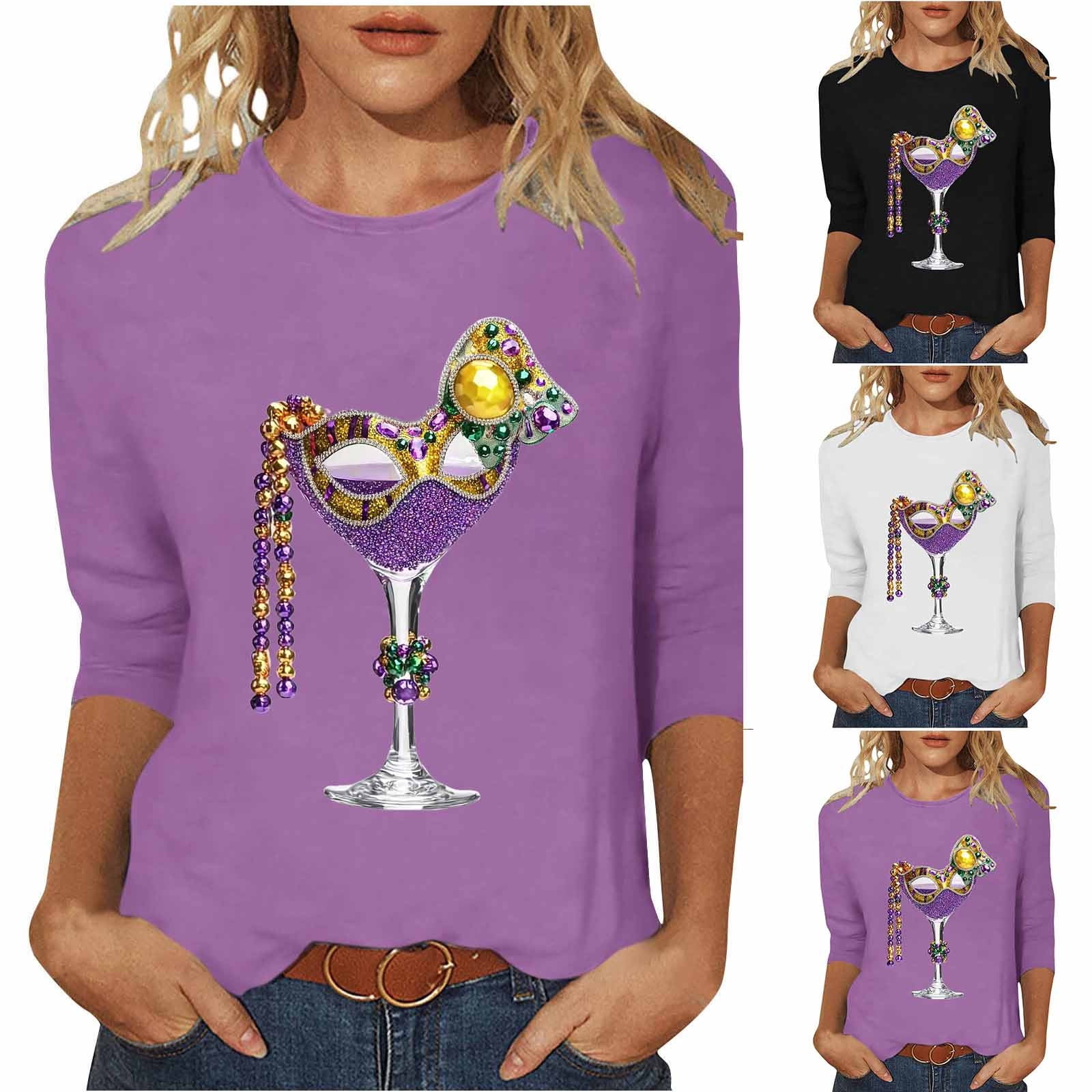 3/4 Sleeve Mardi Gras Tops for Women Crew Neck Mask & Wine Glass Print ...