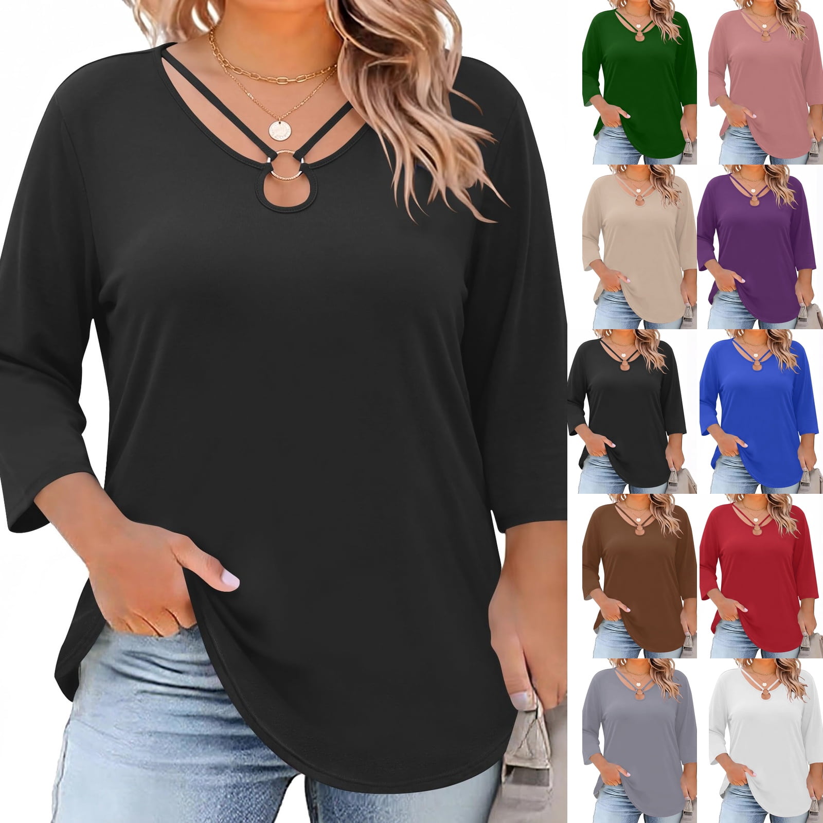 3/4 Sleeve Plus Size Tops for Women Dressy Casual Cut Out O-Ring ...
