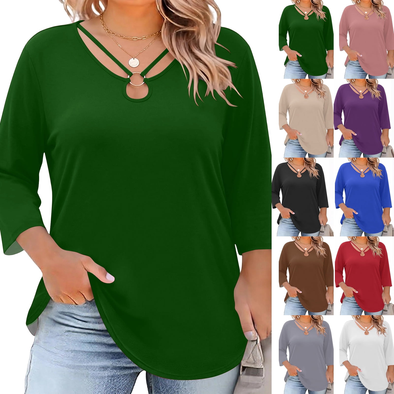 3/4 Sleeve Plus Size Tops for Women Dressy Casual Cut Out O-Ring ...