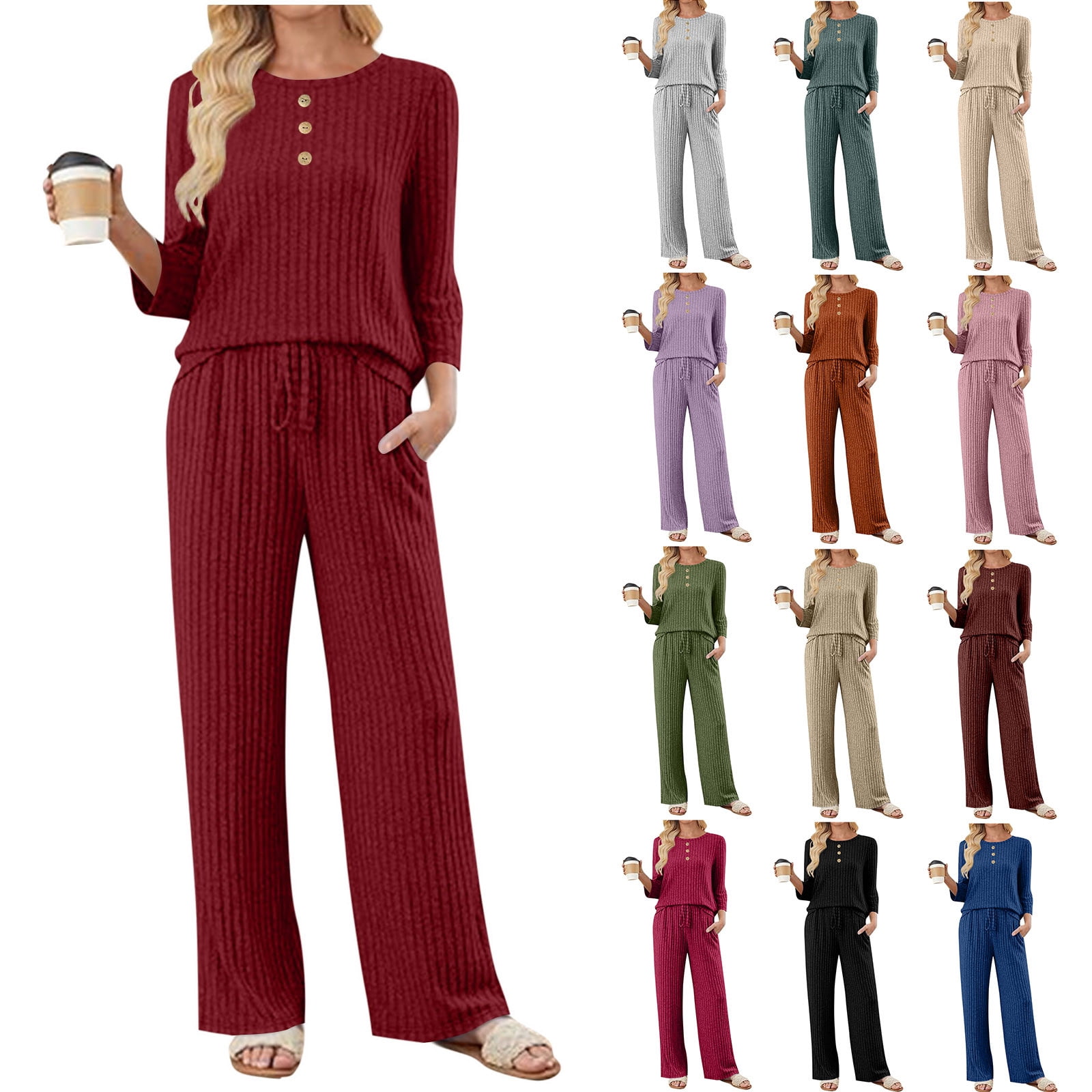 3/4 Sleeve Pocket Pants Set Women's Casual Long Sleeve Top And Lounge ...