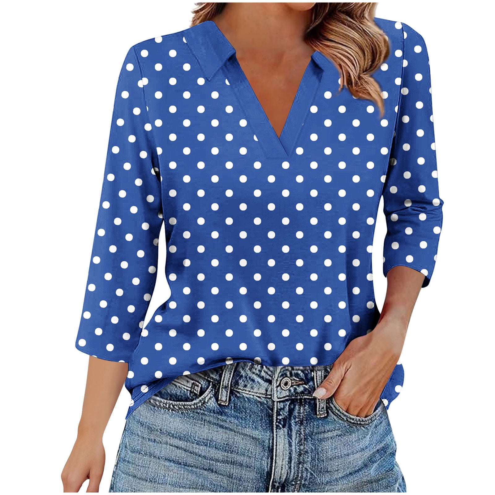 3/4 Sleeve Polka Dot Tops for Women Summer V Neck Tees 2025 Classic ...