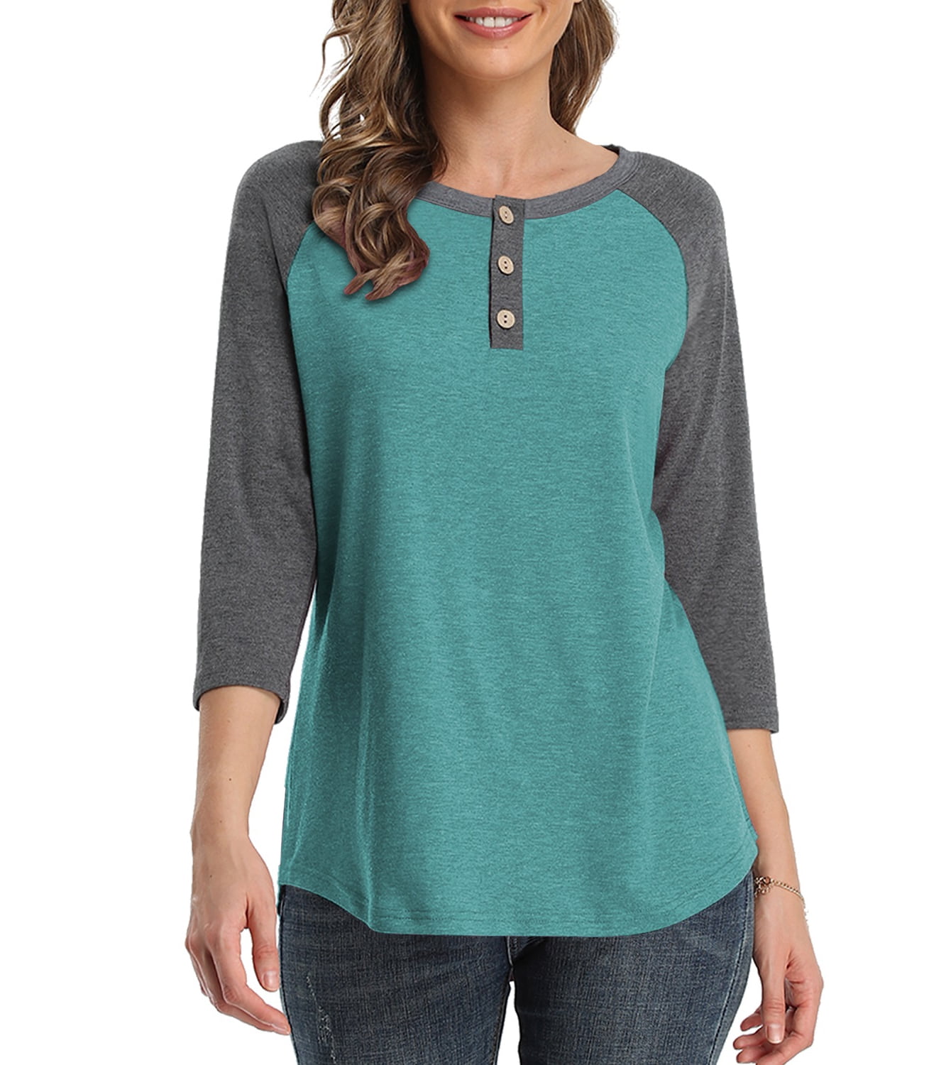 3/4 Sleeve Raglan Shirts for Women Color Block Henley Blouse Button ...