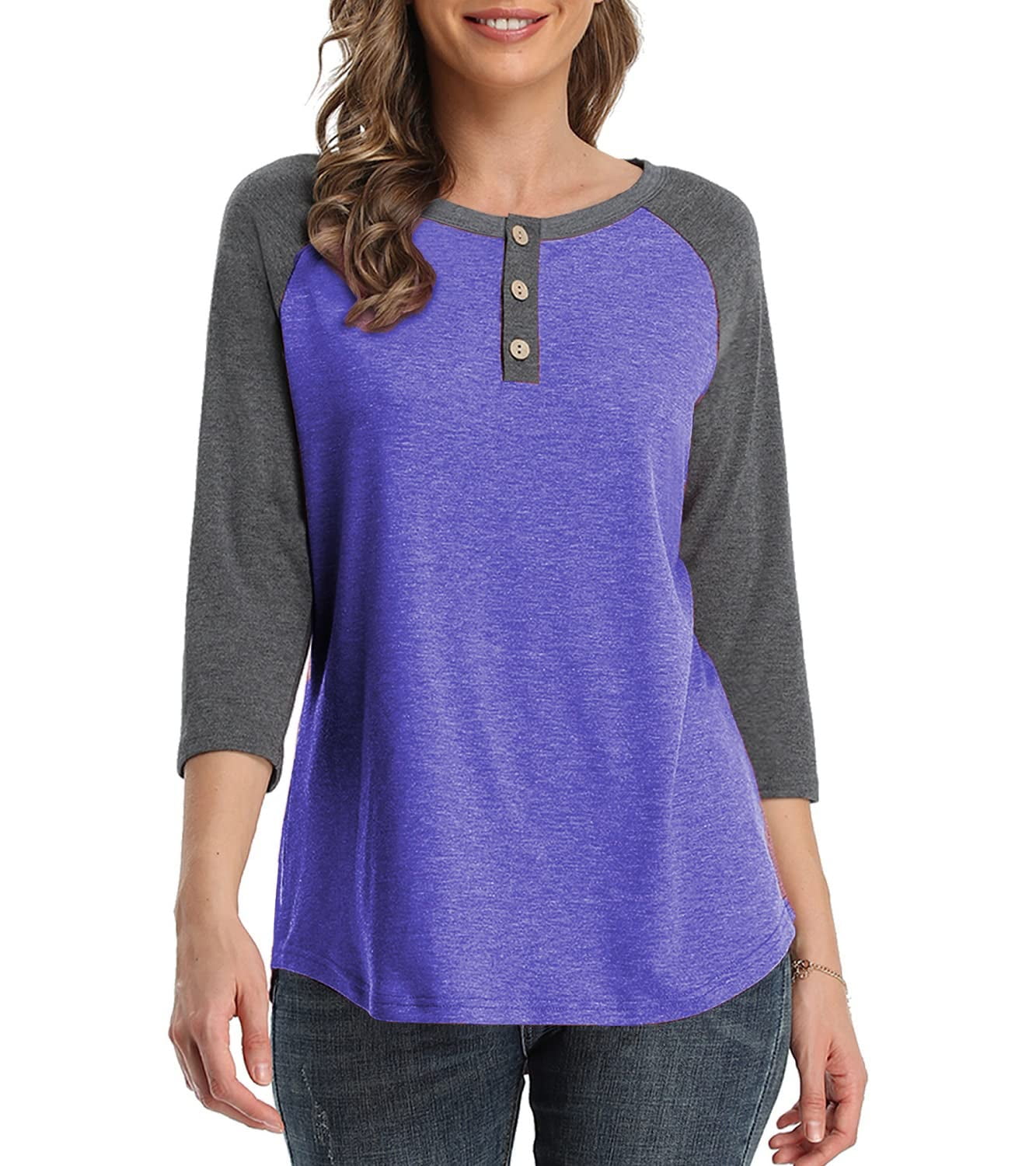 3/4 Sleeve Raglan Shirts for Women Color Block Henley Blouse Button ...