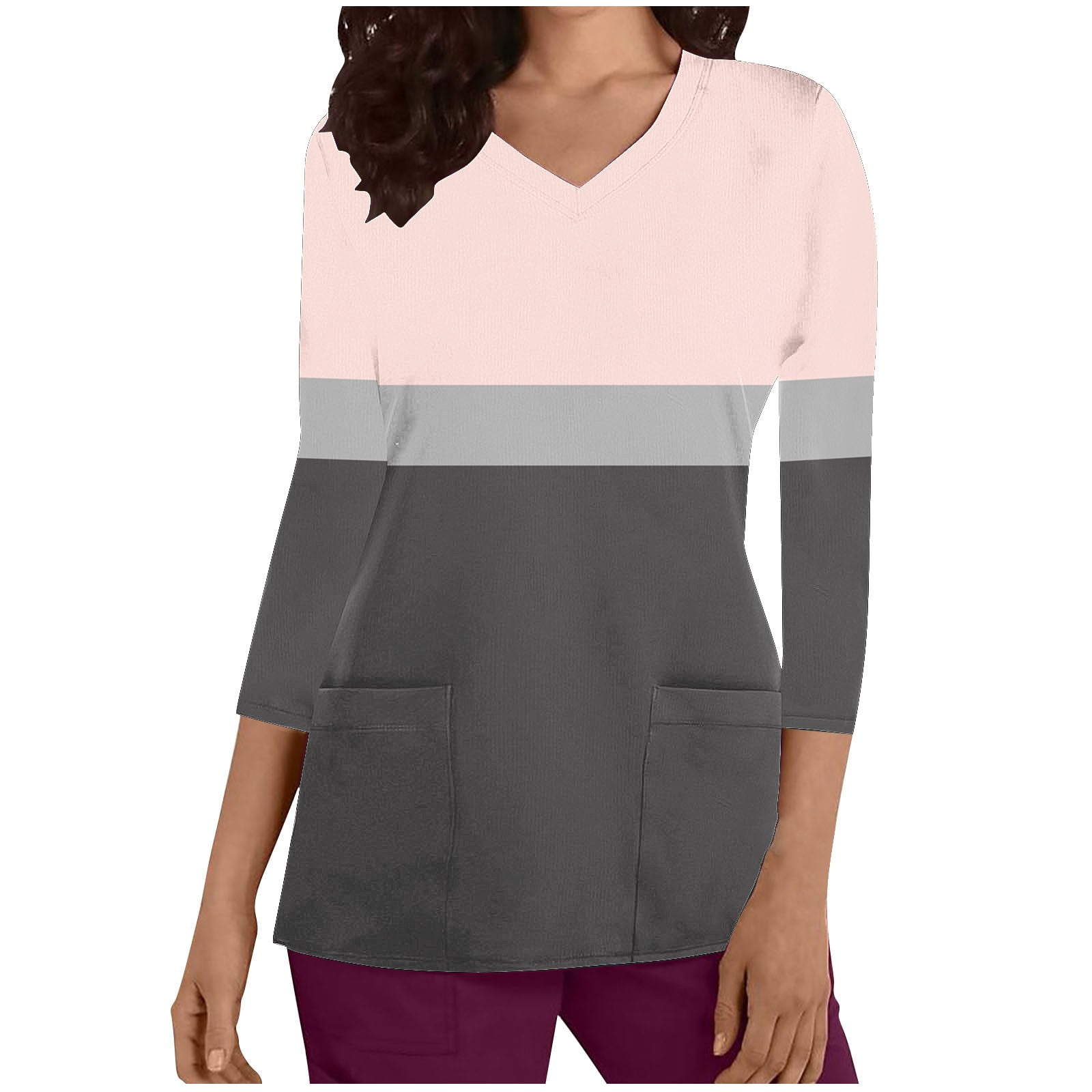 3/4 Sleeve Scrub Blouses for Womens Color Block Under Tee Tops Cute ...