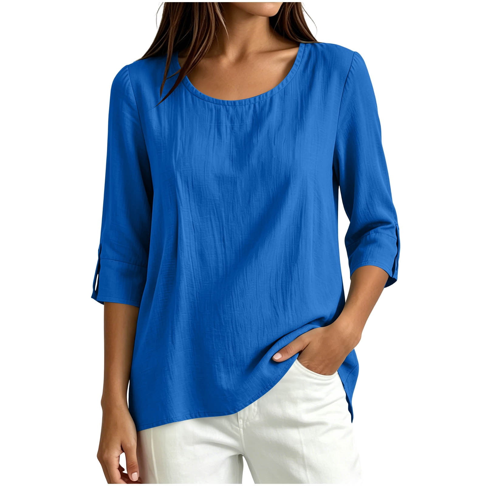 3/4 Sleeve Shirt For Women Round Neck Lightweight Blouse Fall Casual ...