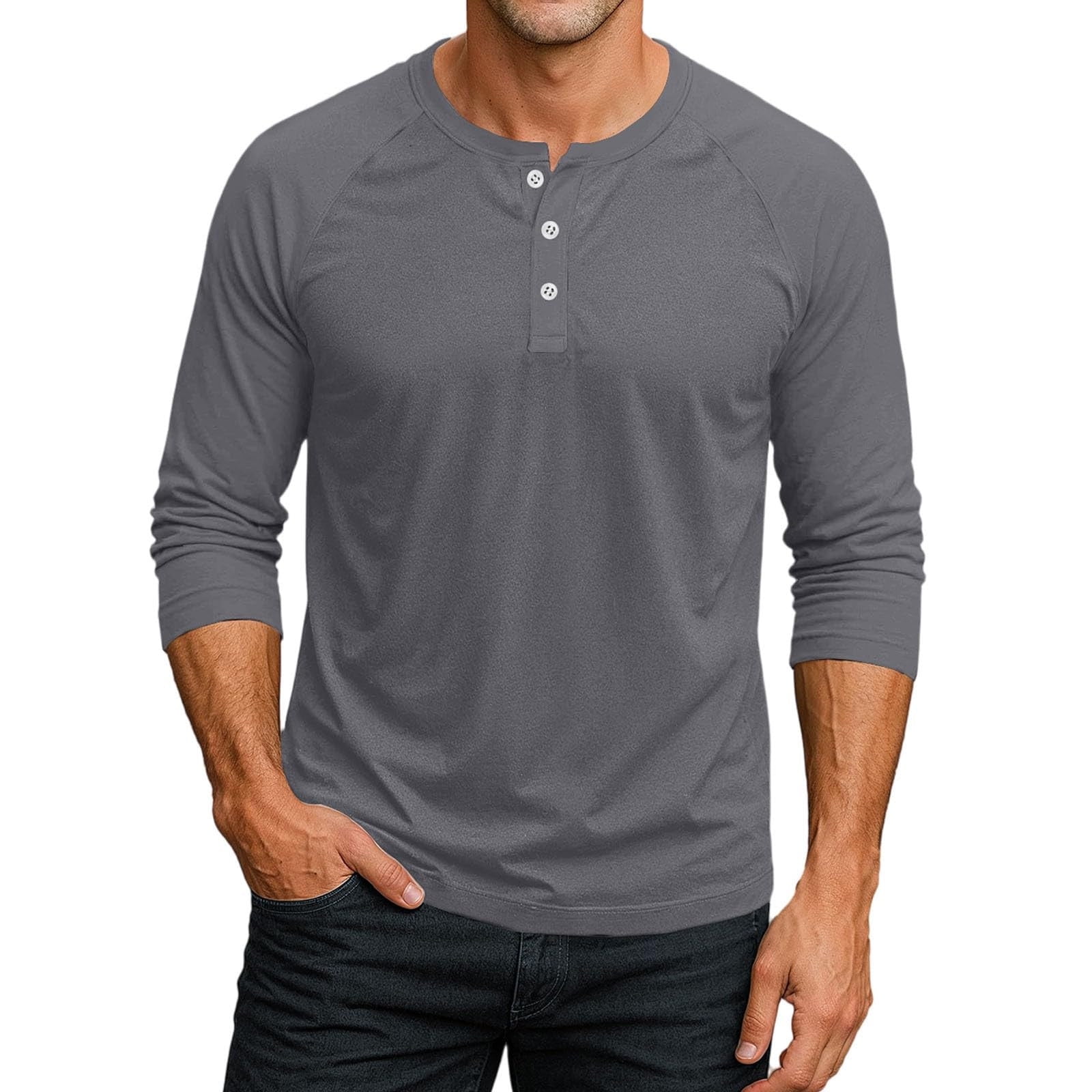 3/4 Sleeve Shirt Men Button Henley Baseball T-Shirts Fall Casual Cotton ...