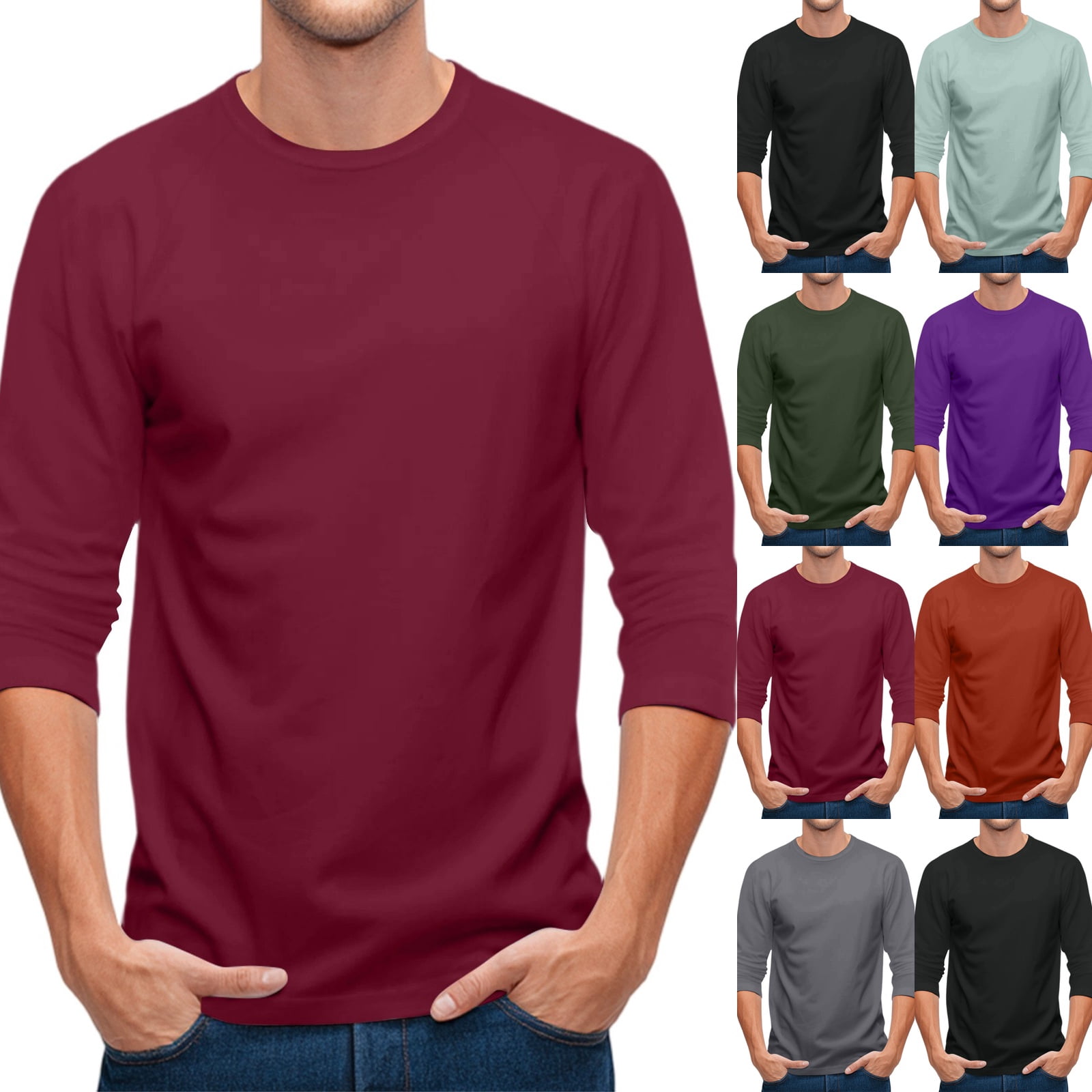 3/4 Sleeve Shirt for Men Solid Color Crew Neck Baseball T-Shirts Casual ...