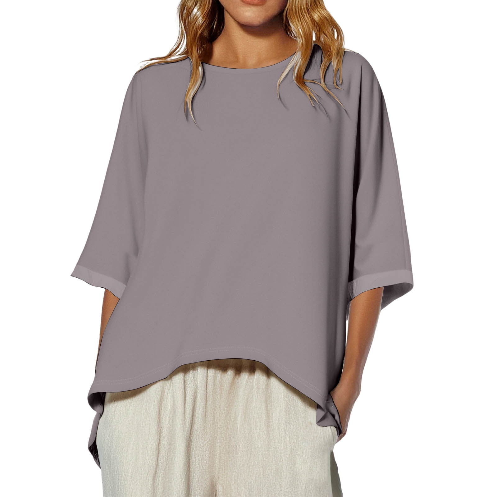 3/4 Sleeve Shirt for Women Plus Size Crew Neck Loose Fit Shirts Casual ...