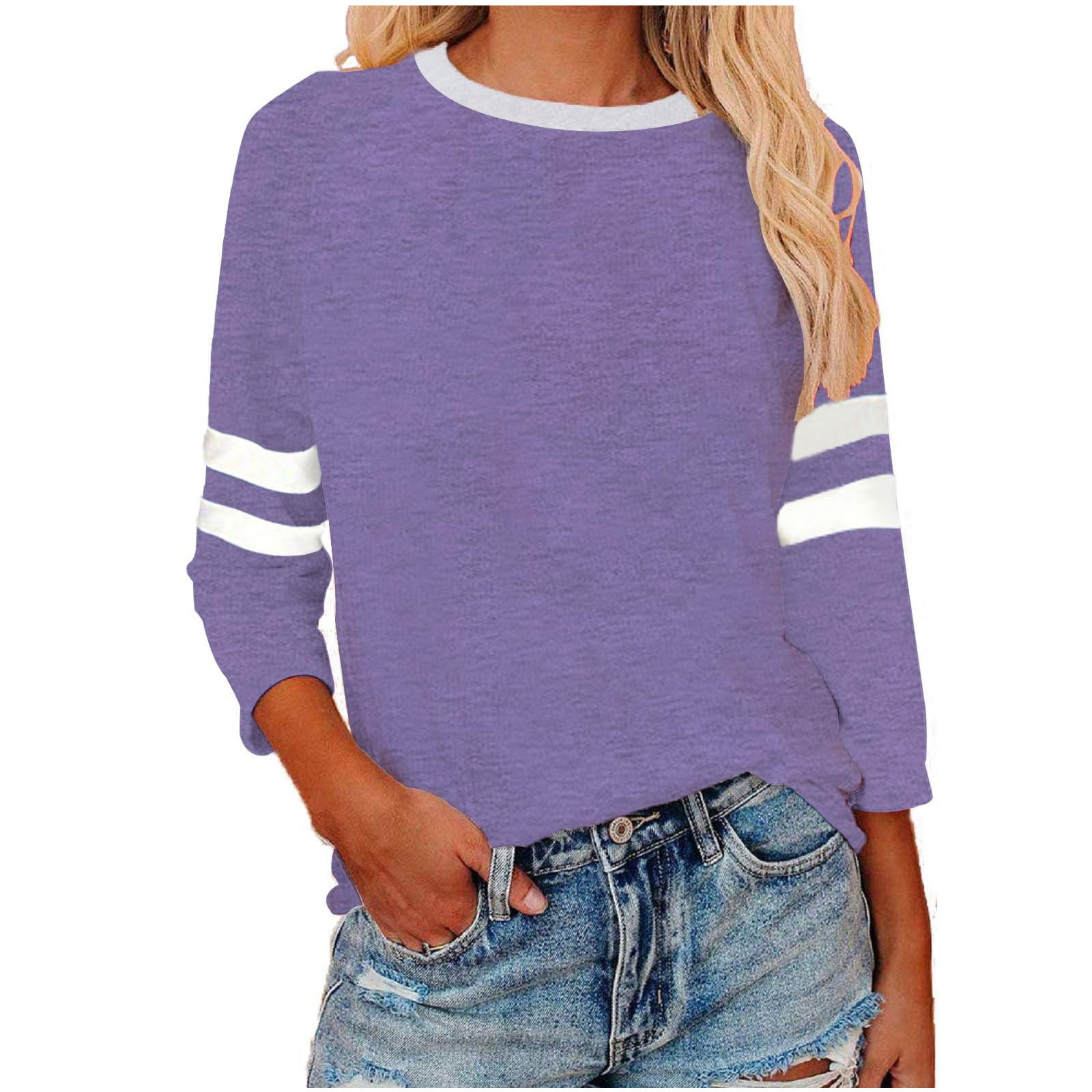 3/4 Sleeve Shirt for Womens Crewneck Color Block Raglan Tee Casual Trendy Solid Pullover Tops ...