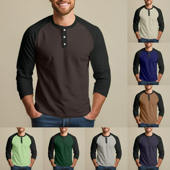 3 4 Sleeve Shirts For Men Long Sleeve Button Down Crew Neck T Shirts ...