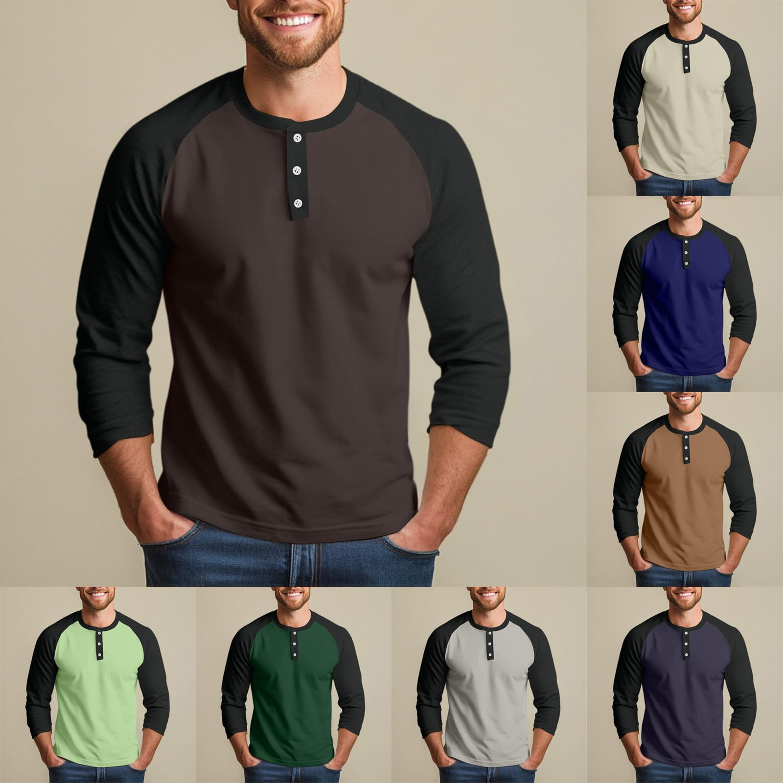 3 4 Sleeve Shirts For Men Long Sleeve Button Down Crew Neck T Shirts ...