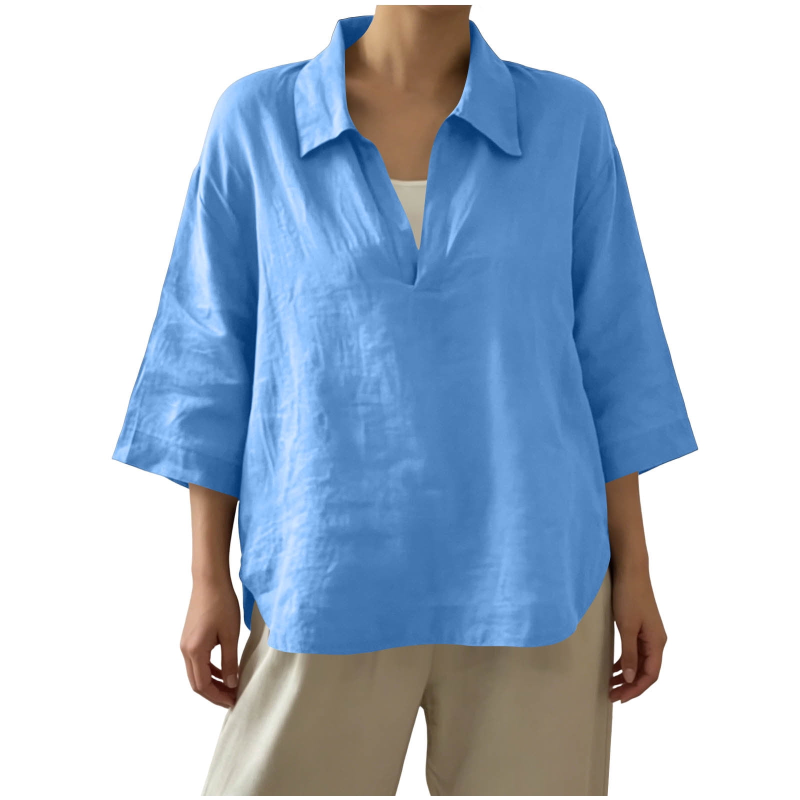 3/4 Sleeve Shirts For Women Collared Loose Fit Blouse Fall Lightweight ...
