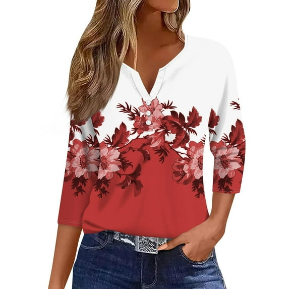 3/4 Sleeve Shirts For Women V Neck Flower Prin Elegant Casual Button T ...