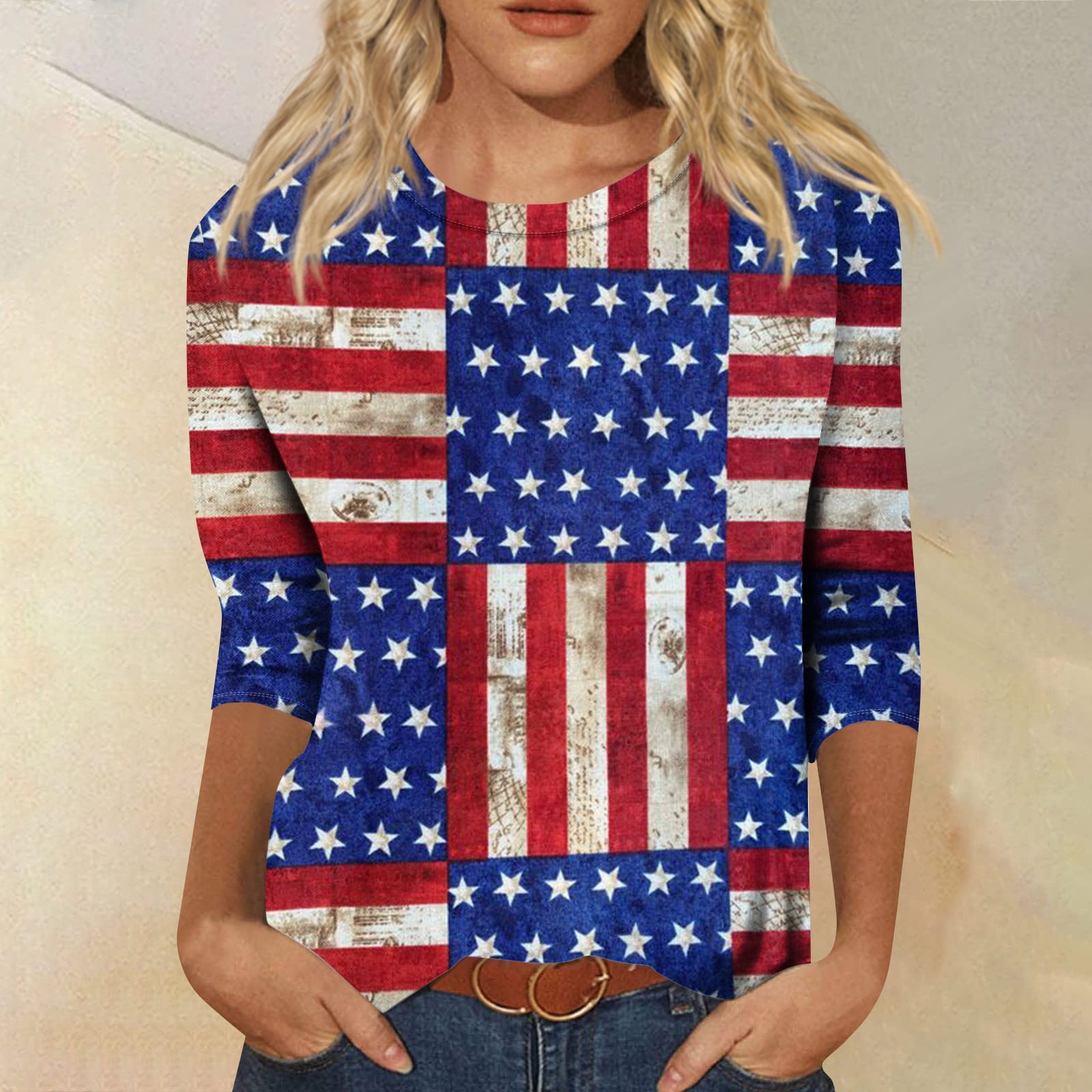 3/4 Sleeve Shirts for Women, HXHYQKP Crew Neck for American Flag Tops ...