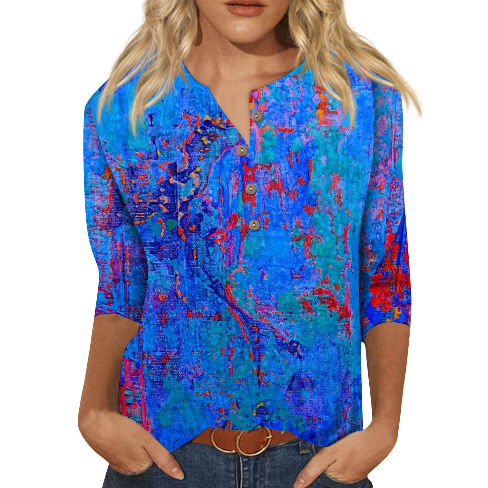 3/4 Sleeve Shirts for Women Summer Summer Ethnic Floral Slim Cute ...