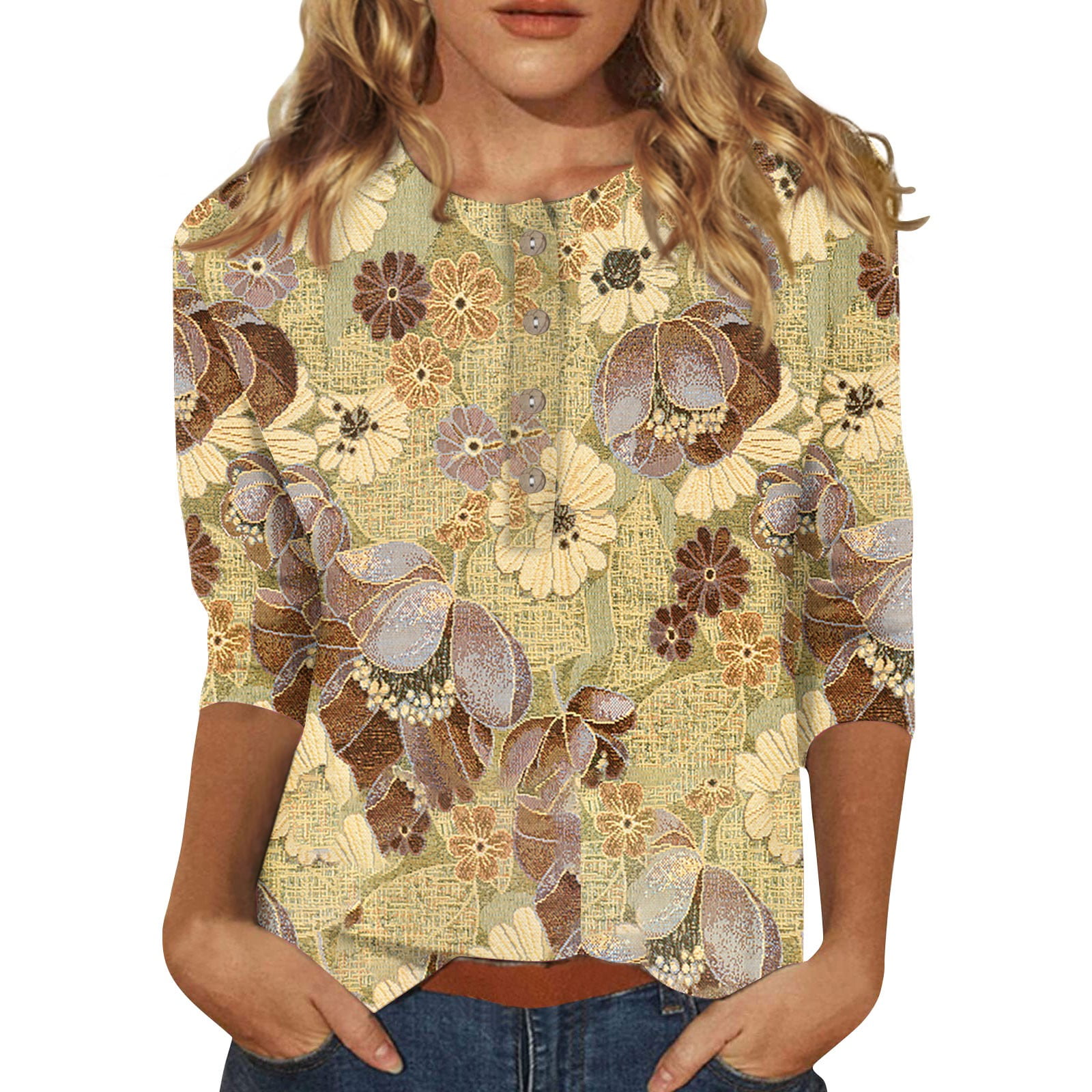 Walmart Women's 3/4 Sleeve Summer Tops, Ethnic Floral Print Tee, Slim ...