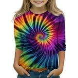 3/4 Sleeve Shirts for Girls Casual Spring Tops Tie-dye Print 2026 ...