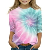 3/4 Sleeve Shirts for Girls Casual Spring Tops Tie-dye Print 2026 ...