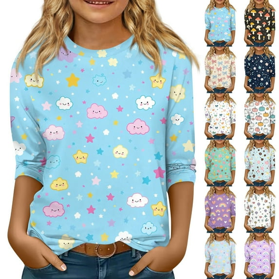 3/4 Sleeve Shirts for Girls Loose Fit Crew Neck Tops Cartoon Print ...