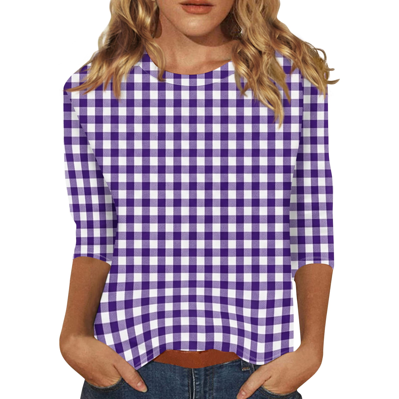 3/4 Sleeve Shirts for Women 2026 Womens Tops Plaid Crewneck Business ...