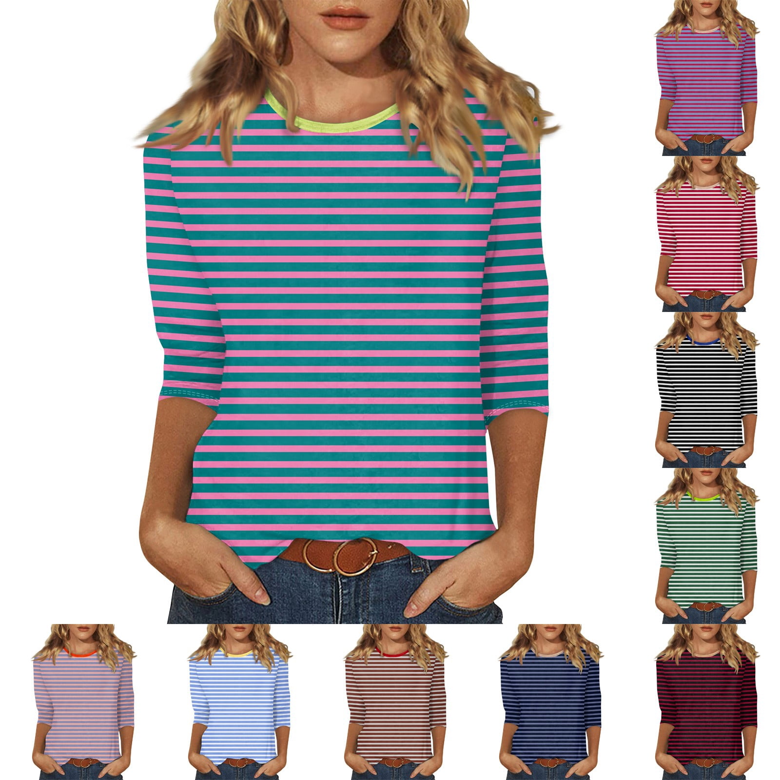 3/4 Sleeve Shirts for Women Crewneck Workout Cute Blouses Casual Loose ...
