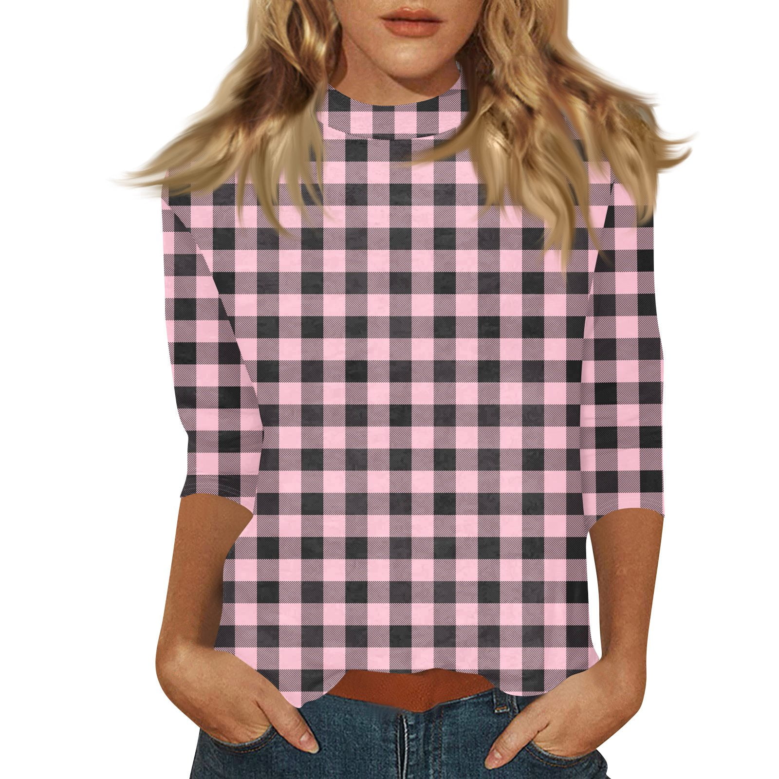 3/4 Sleeve Shirts for Women Spring Plaid Mockneck Business Casual Tops ...