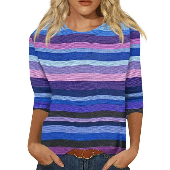 3/4 Sleeve Shirts for Women Spring Striped Crewneck Business Casual ...