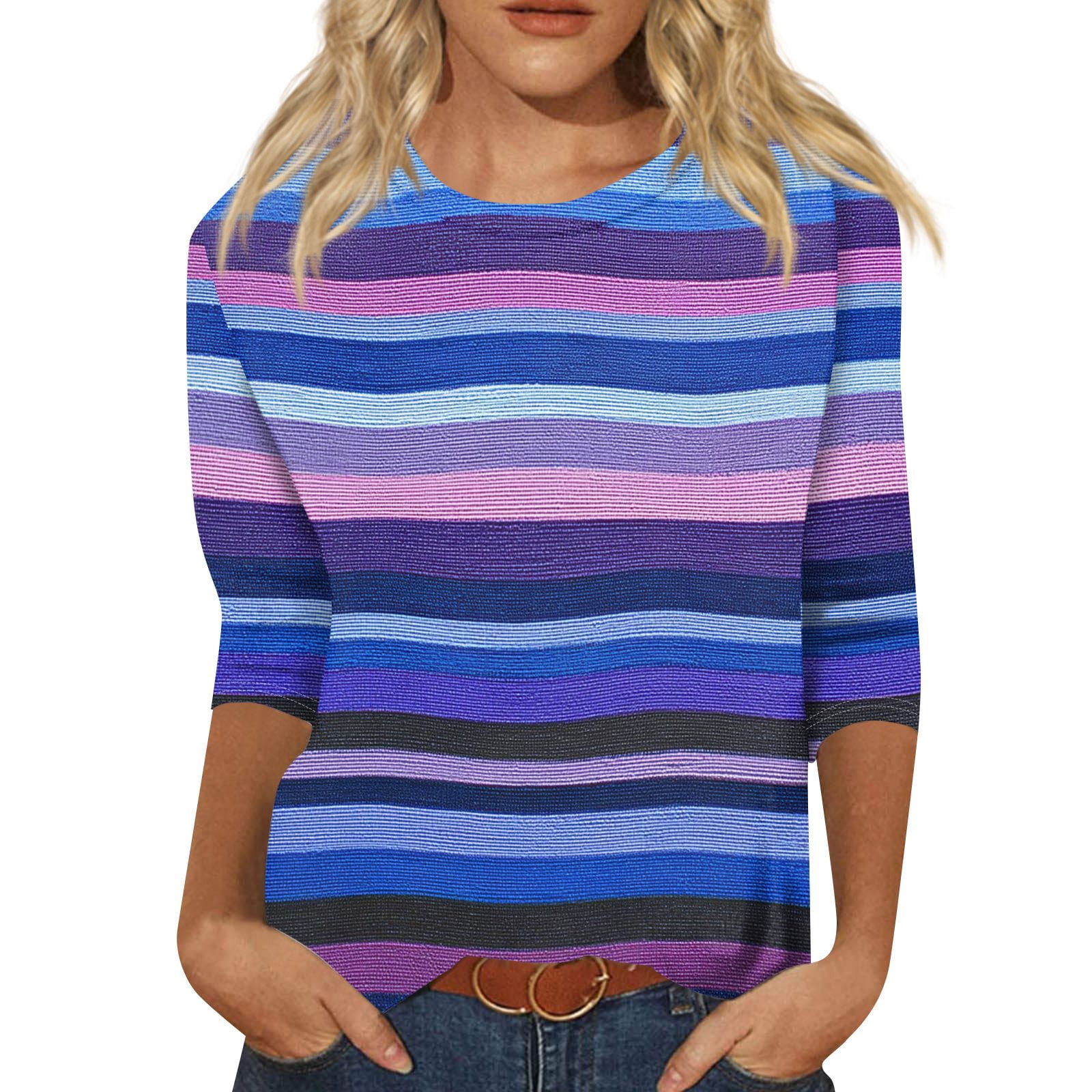 3/4 Sleeve Shirts for Women Spring Striped Crewneck Business Casual ...