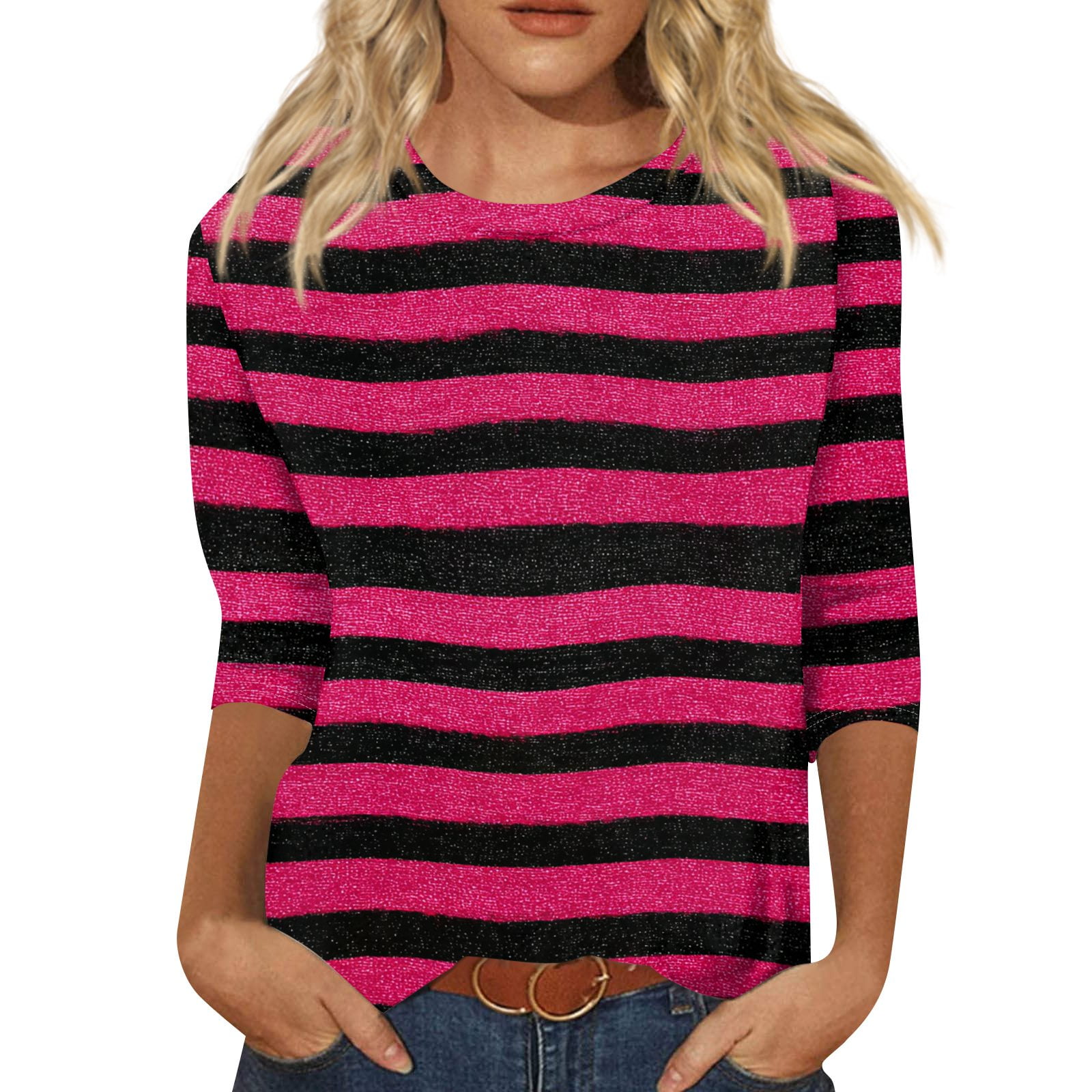 3/4 Sleeve Shirts for Women Spring Striped Crewneck Business Casual ...