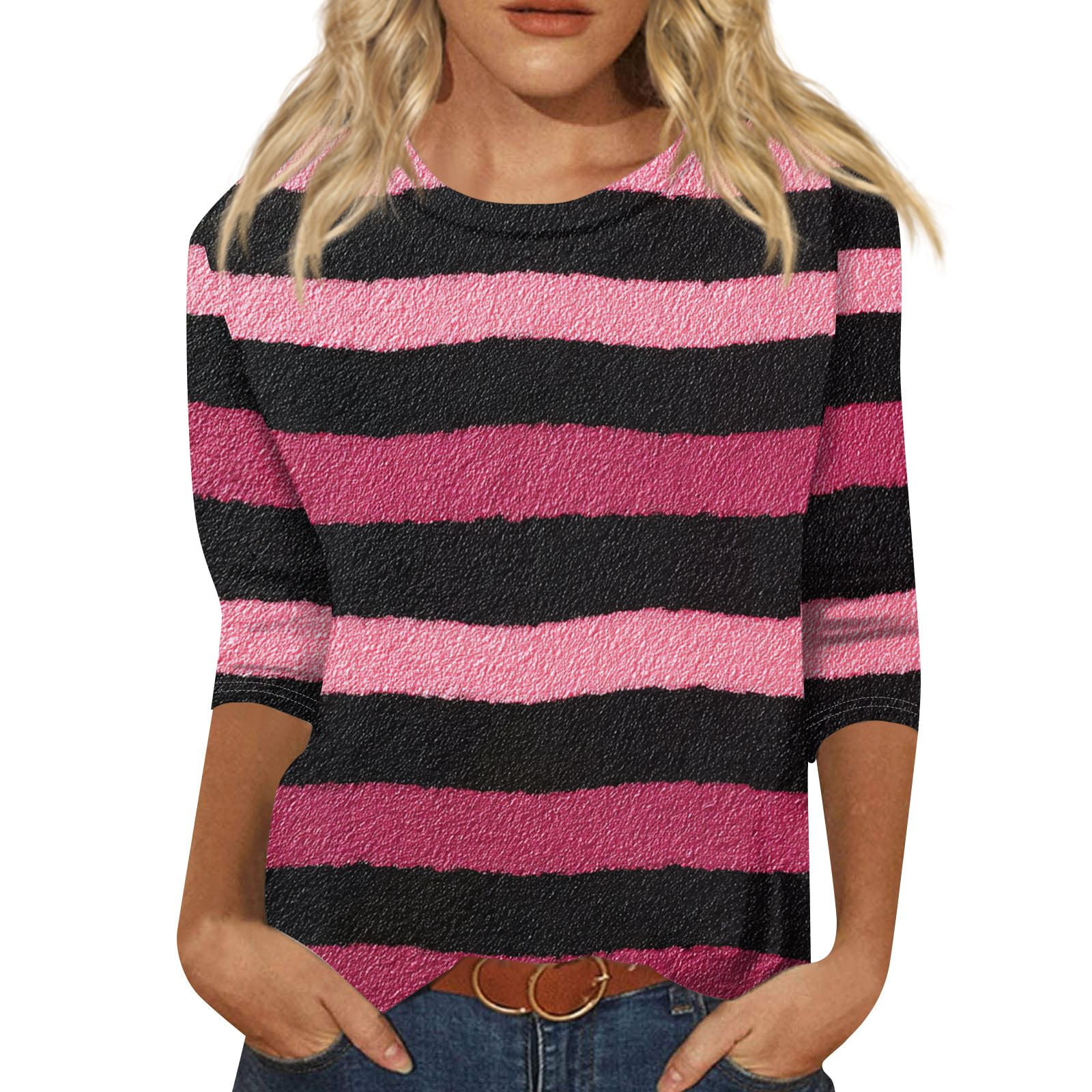 3/4 Sleeve Shirts for Women Spring Striped Crewneck Business Casual ...