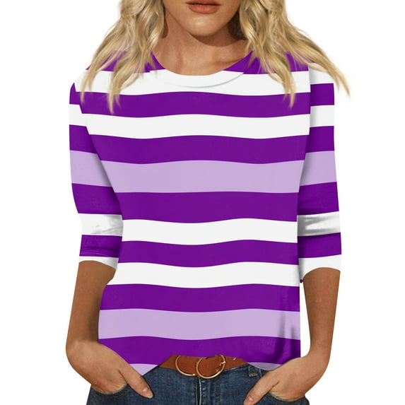 3/4 Sleeve Shirts for Women Spring Striped Crewneck Business Casual ...