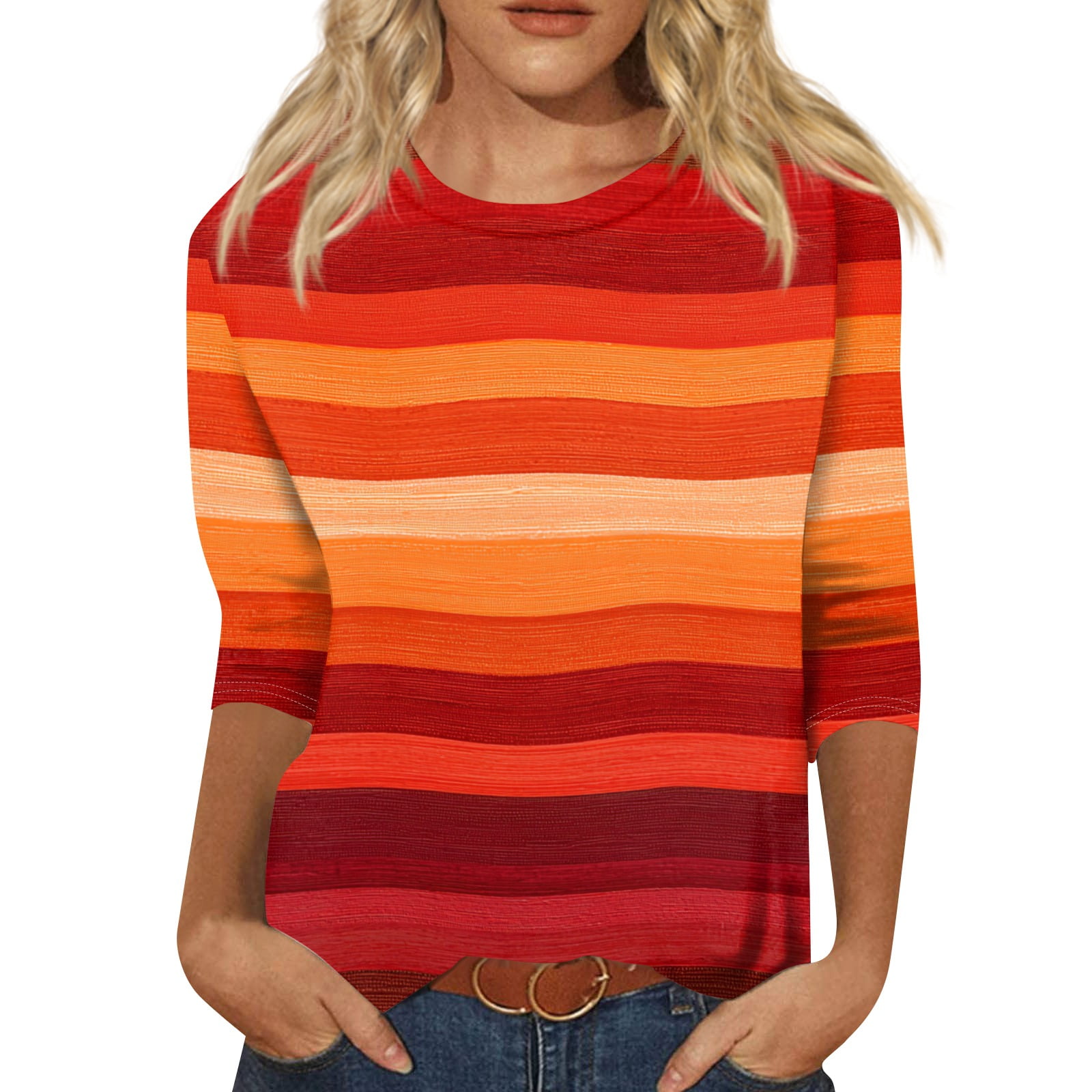 3/4 Sleeve Shirts for Women Spring Striped Crewneck Business Casual ...