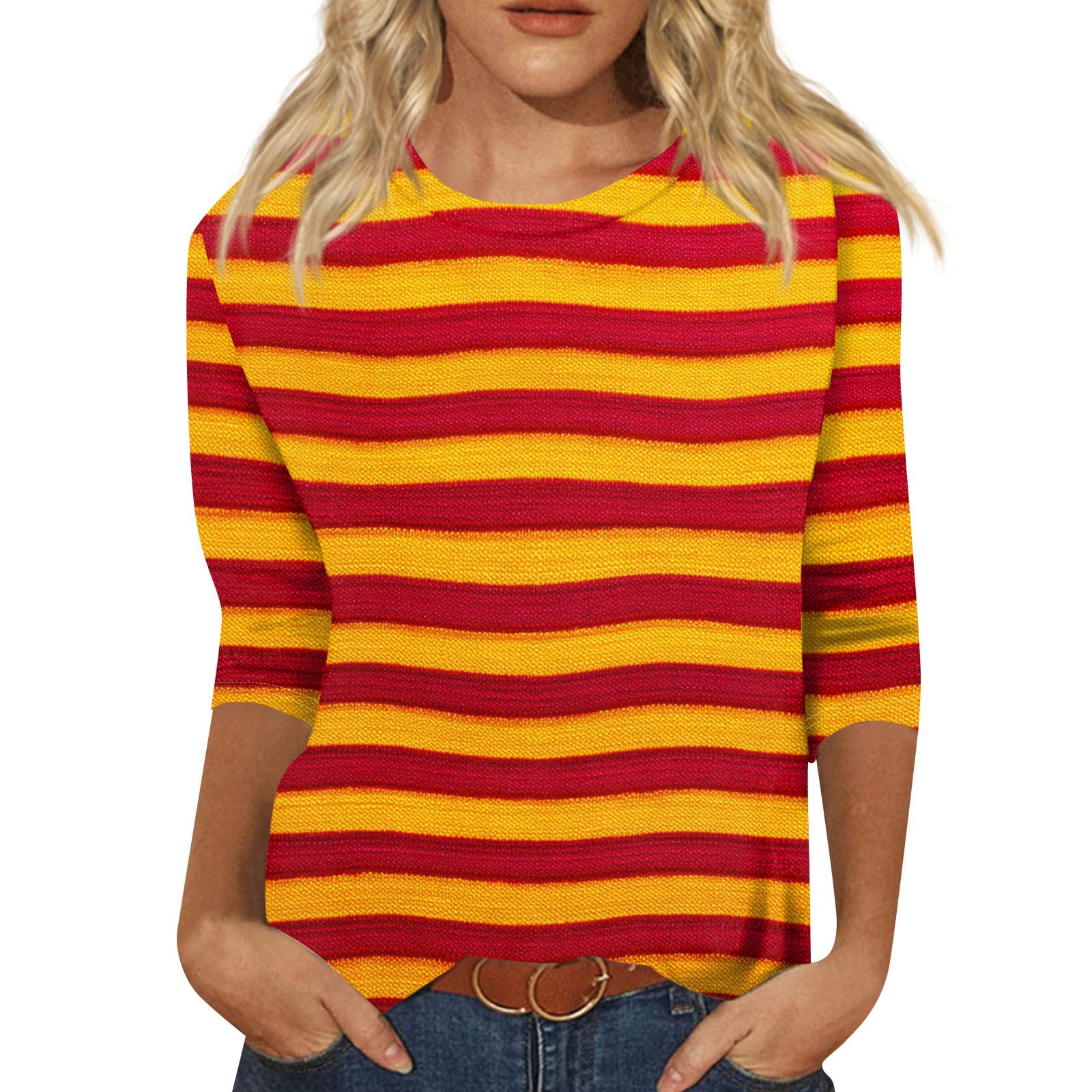 3/4 Sleeve Shirts for Women Spring Striped Crewneck Business Casual ...