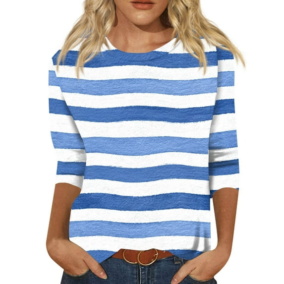 3/4 Sleeve Shirts for Women Spring Striped Crewneck Business Casual ...