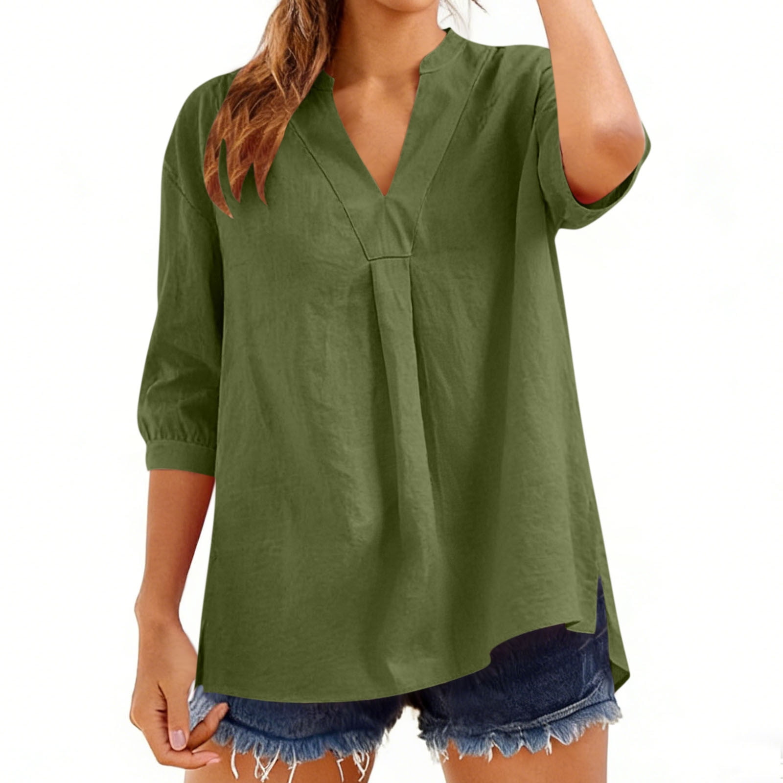 3/4 Sleeve Shirts for Womens Cotton Linen V Neck Side Split T Shirt ...