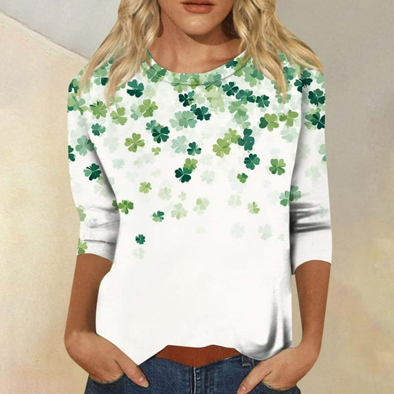 3/4 Sleeve St Patrick's Day Shirts for Women Green Clover T-Shirts Crew ...
