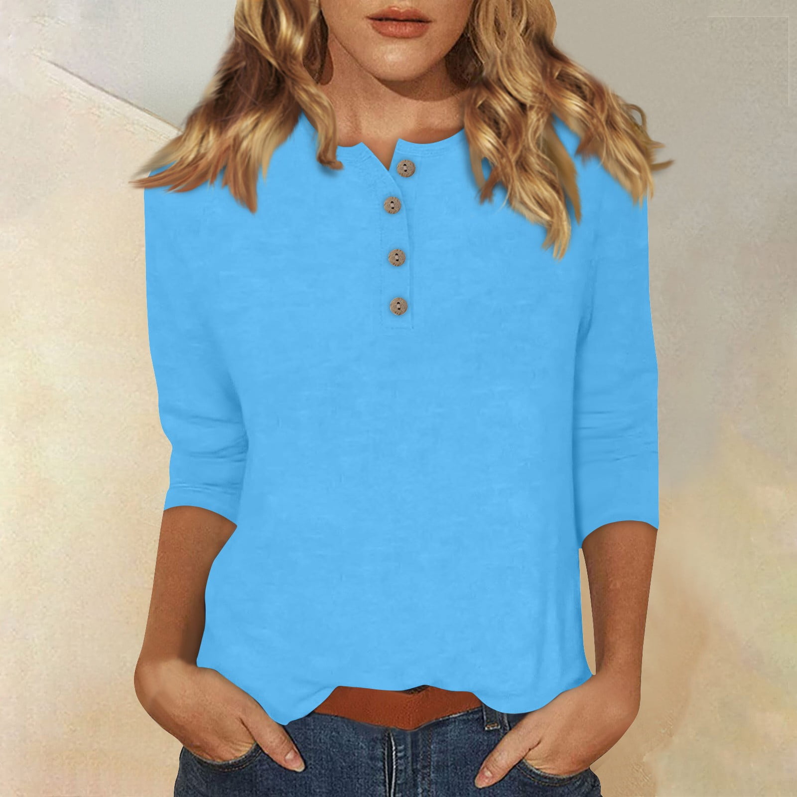 3/4 Sleeve T Shirts for Women Henley Loose Cute Summer Tops Layer ...