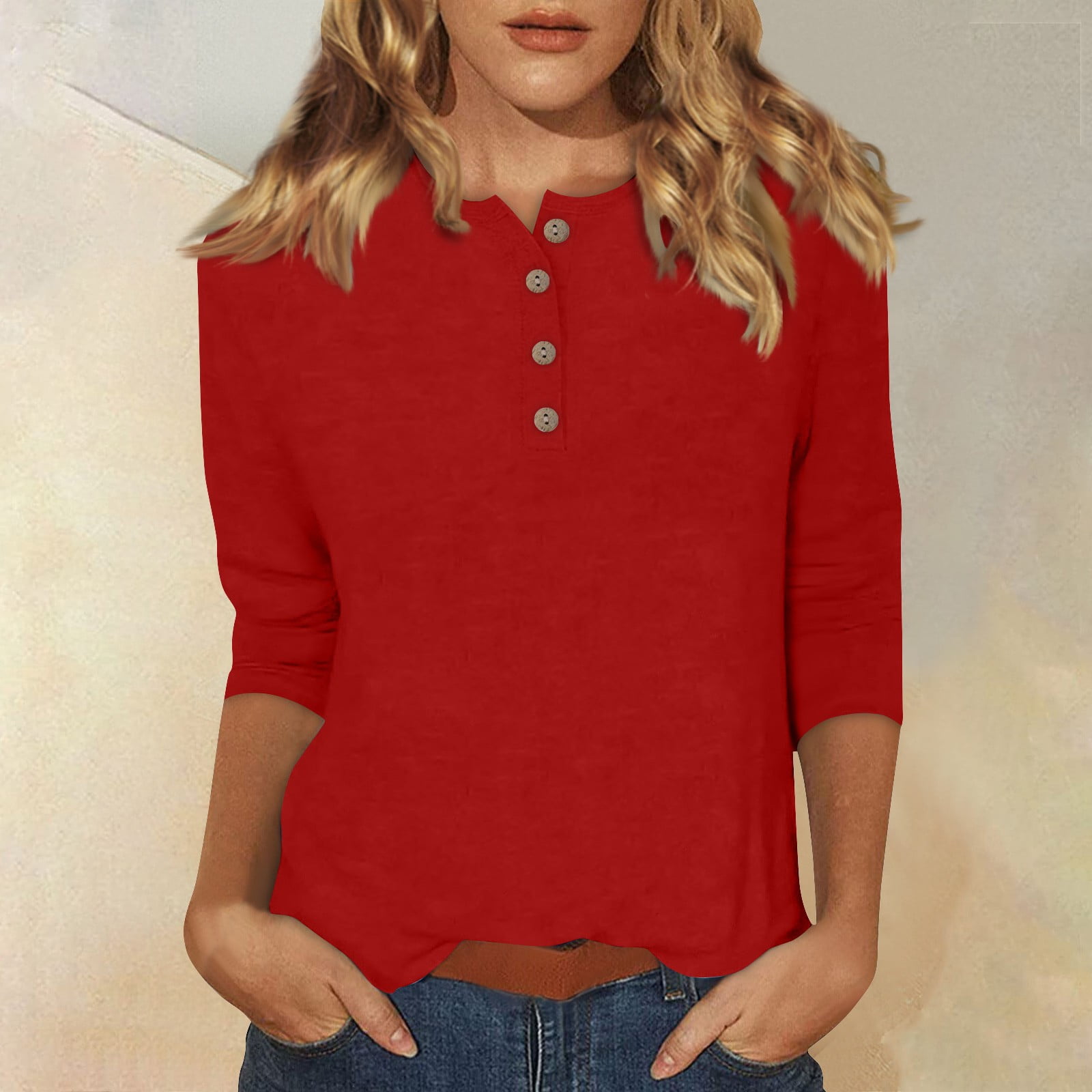 3/4 Sleeve T Shirts for Women Henley Loose Cute Summer Tops Layer ...