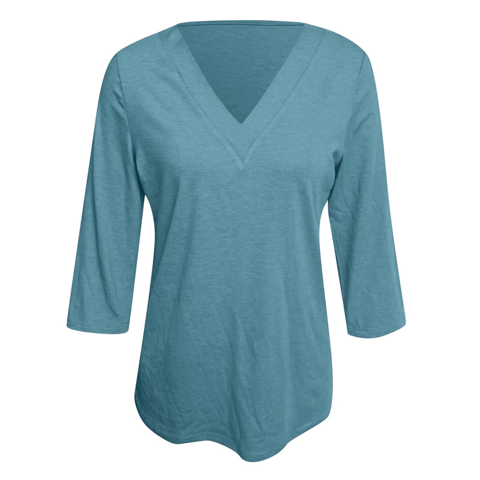 3/4 Sleeve T Shirts for Women V Neck Lightweight Tees Casual Solid ...
